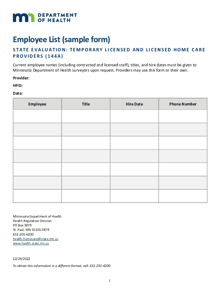 Fillable Online Employee List Sample Form (State Evaluation 144A ...