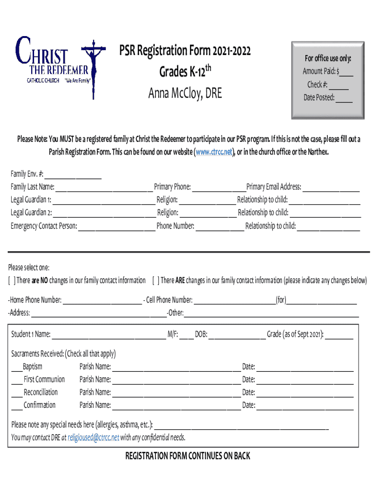 Fillable Online PSR Registration Form 2021-2022 Grades K-12th Anna ...