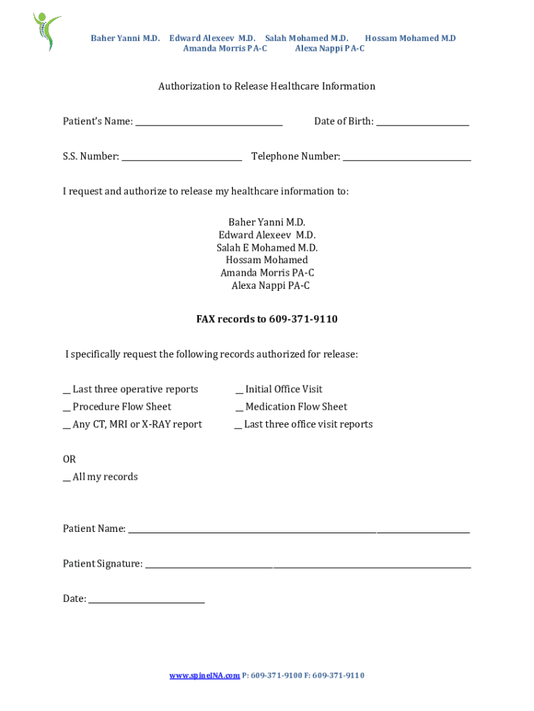 Fillable Online Authorization to Release Healthcare Information Patient\'s Name Fax Email Print ...