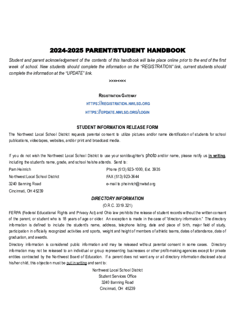 Fillable Online Student and parent acknowledgement of the contents of this handbook will take ...