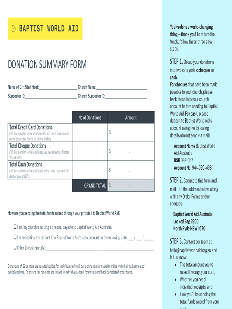 Fillable Online Better World Gift Donation Summary Form Fax Email Print - pdfFiller