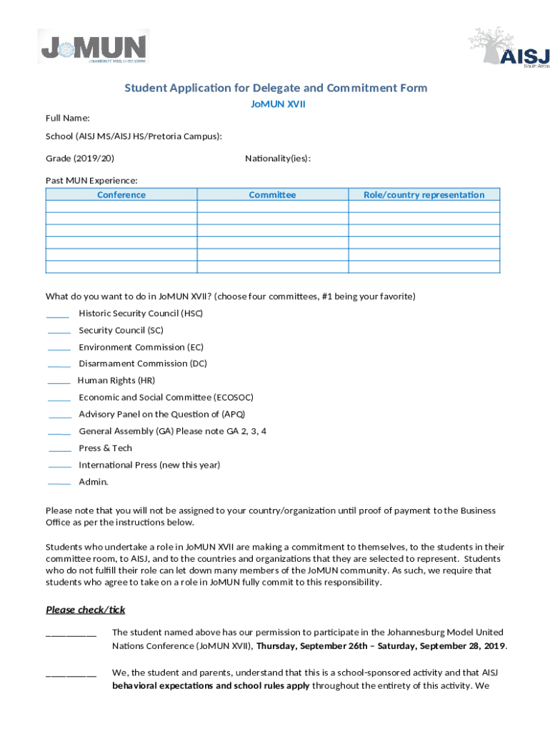 Student Application for Delegate and Commitment Doc Template | pdfFiller