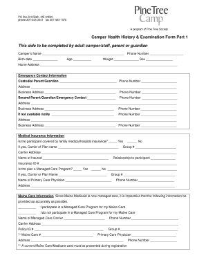 Fillable Online pinetreesociety Camper Health History & Examination ...