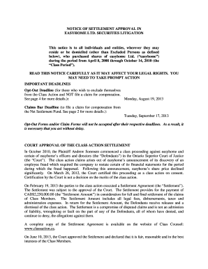 Fillable Online NOTICE OF SETTLEMENT APPROVAL IN Fax Email Print ...