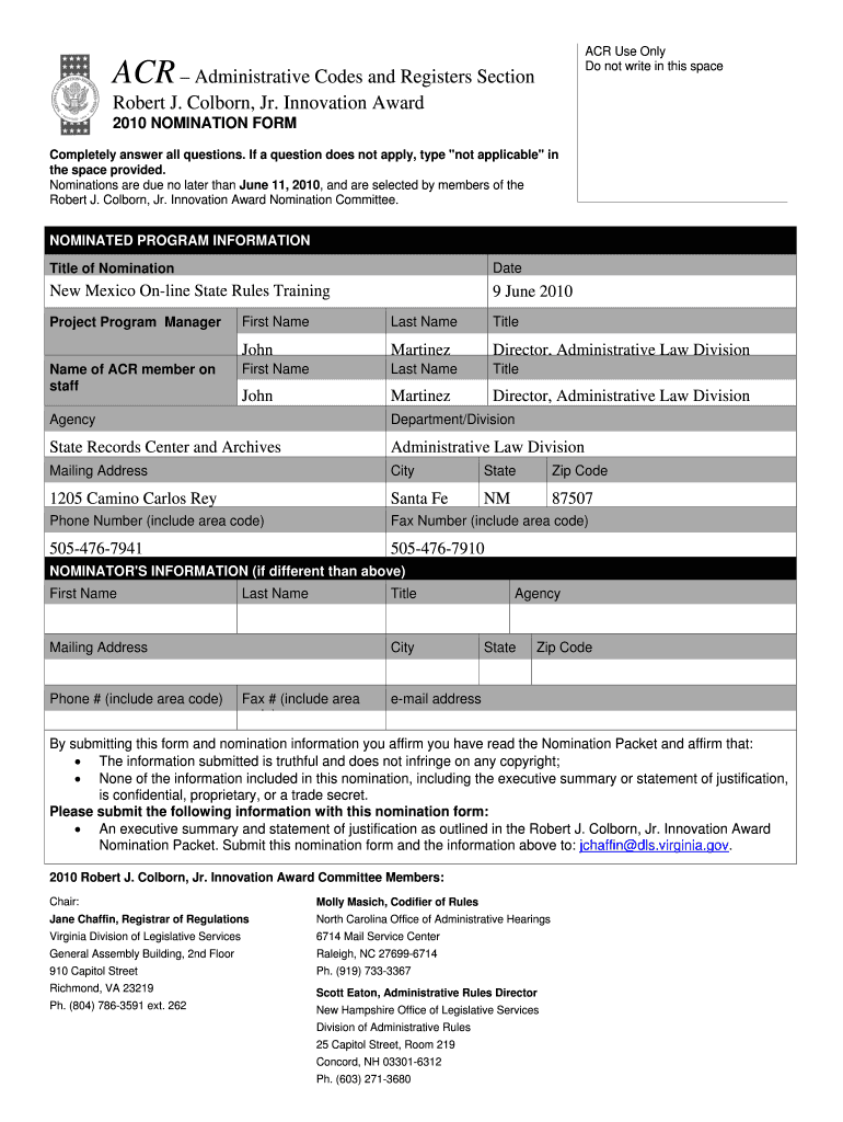 Fillable Online administrativerules Nomination package in pdf ...