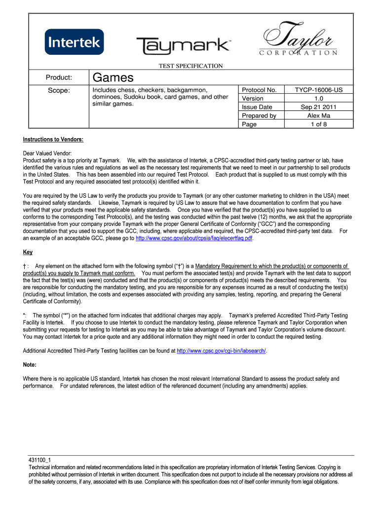 Fillable Online TEST SPECIFICATION Product Games Scope Fax Email Print ...