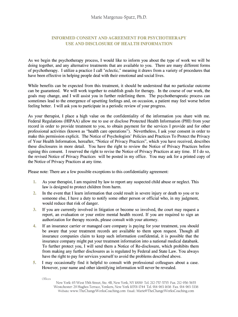 Fillable Online INFORMED CONSENT AND AGREEMENT FOR PSYCHOTHERAPY Fax ...