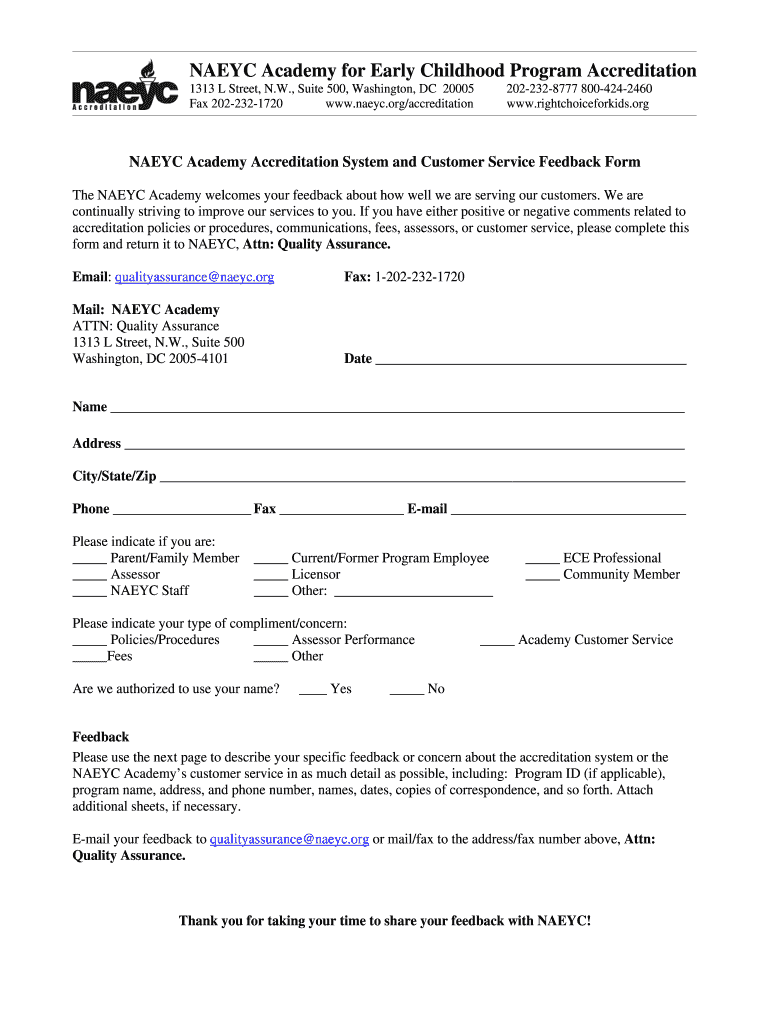 Fillable Online NAEYC Accreditation System Feedback Form Fax Email ...