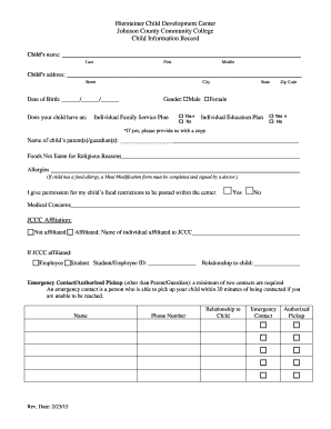 Fillable Online jccc Child Information Record Form - jccc Fax Email ...