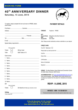 Fillable Online 40th Anniversary Dinner Booking Form v2 Fax Email Print ...