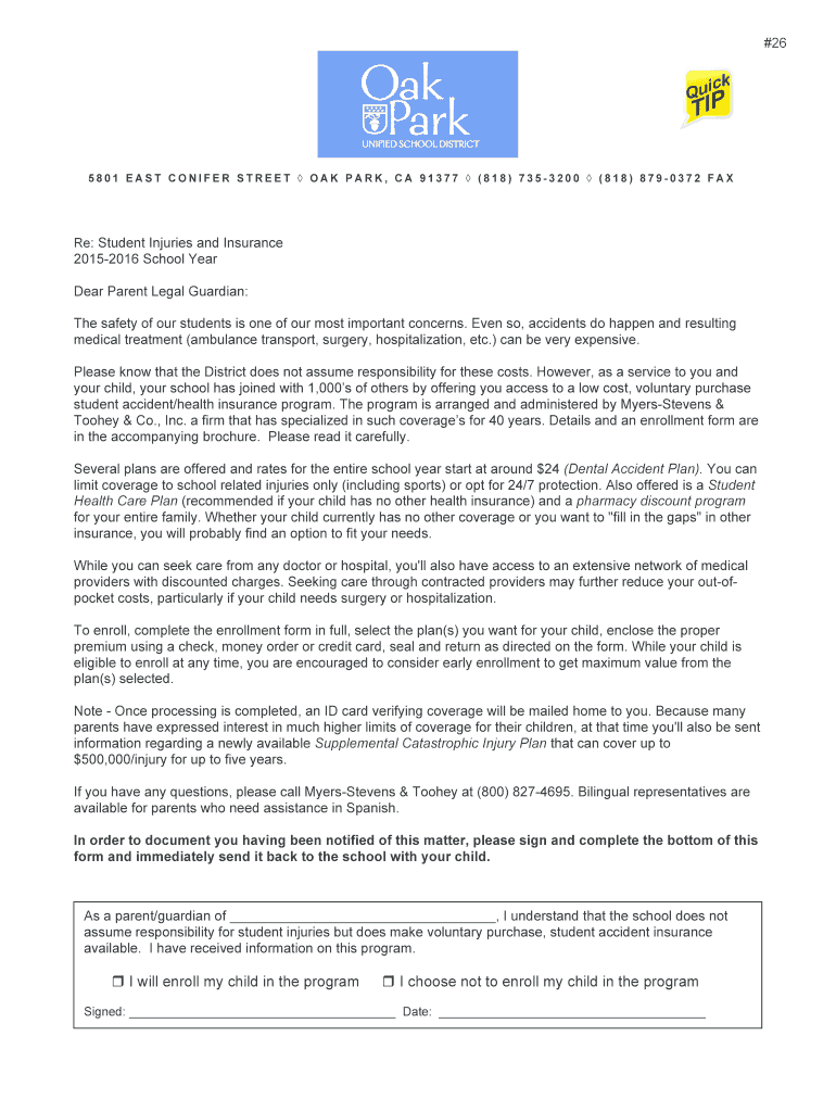 Fillable Online oakparkusd OPUSD Student Injury and Insurance Form - Oak Park Unified ... Fax ...