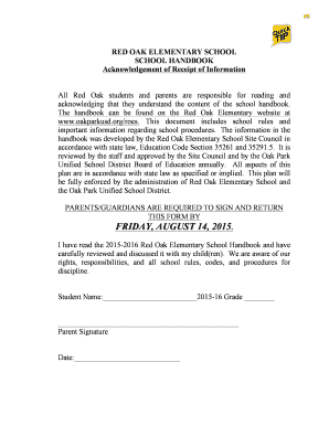 Fillable Online oakparkusd ROES Student Handbook Acknowledgment - Oak Park Unified ... Fax Email ...