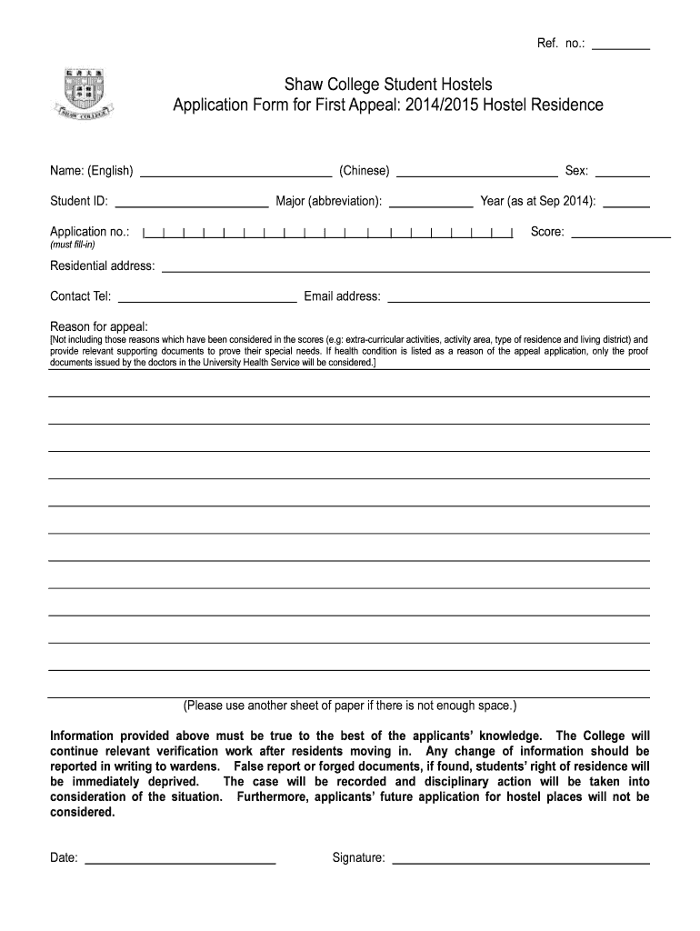 Fillable Online cuhk edu Shaw College Student Hostels Application Form ...