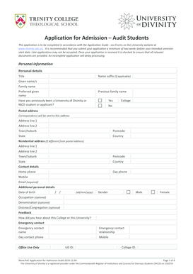 Fillable Online trinity unimelb edu Application for Admission Audit ...