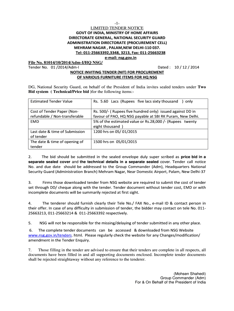 Fillable Online TENDER NOTICE - National Security Guard Fax Email Print ...