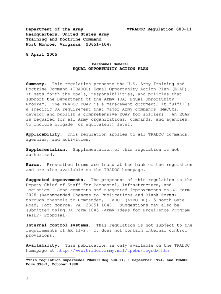 Fillable Online 1 Department of the Army *TRADOC Regulation 600-11 ...