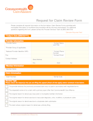 Fillable Online commonwealthcarealliance Request for Claim Review Form ...