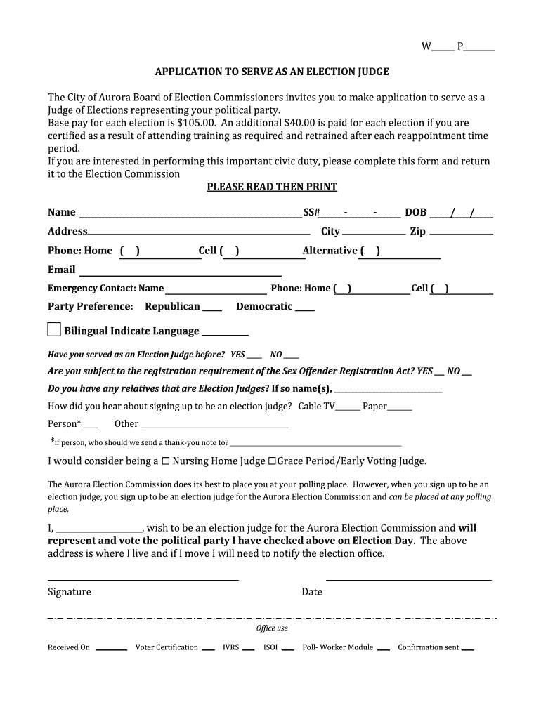 Fillable Online Election Judge Application - Aurora Election Commission ...