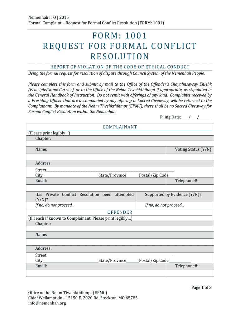 Fillable Online nemenhah FORM: 1001 REQUEST FOR FORMAL CONFLICT ...