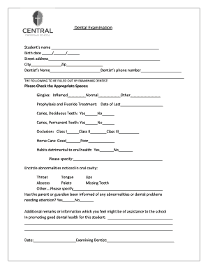 Fillable Online centralchristianfortwayne Dental Exam Form - Central ...