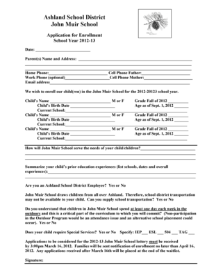 Fillable Online Ashland School District John Muir School Application ...