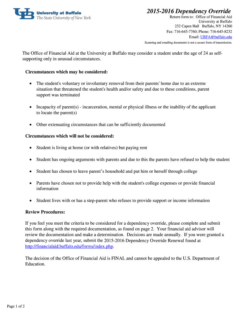 Fillable Online financialaid buffalo 2015-2016 Dependency Override - UB ...