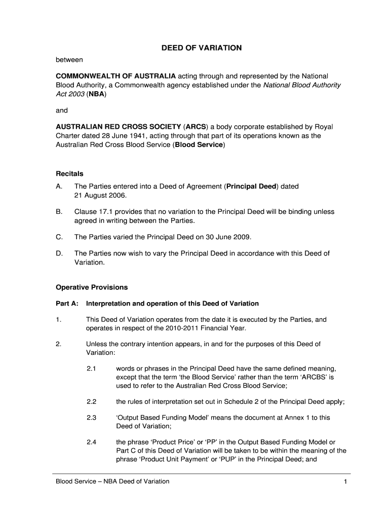 Fillable Online Deed of Variation - 30 June 2010 - National Blood ...
