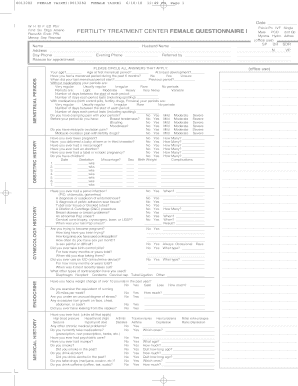 Fillable Online FERTILITY TREATMENT CENTER FEMALE QUESTIONNAIRE I Fax ...