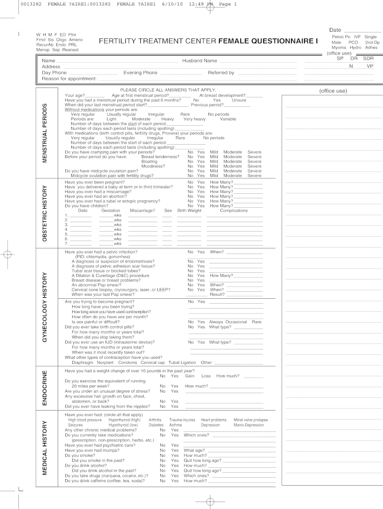 Fillable Online FERTILITY TREATMENT CENTER FEMALE QUESTIONNAIRE I Fax ...