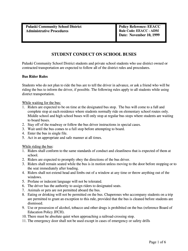 Fillable Online EEACC - ADM Student Conduct On School Buses - Pulaski ...
