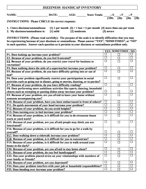 Fillable Online DIZZINESS HANDICAP INVENTORY Fax Email Print - pdfFiller