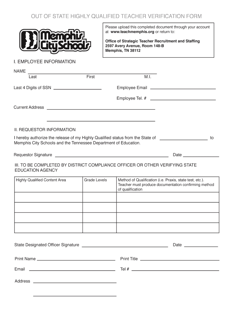 Fillable Online teachmemphis OUT OF STATE HIGHLY QUALIFIED TEACHER ...