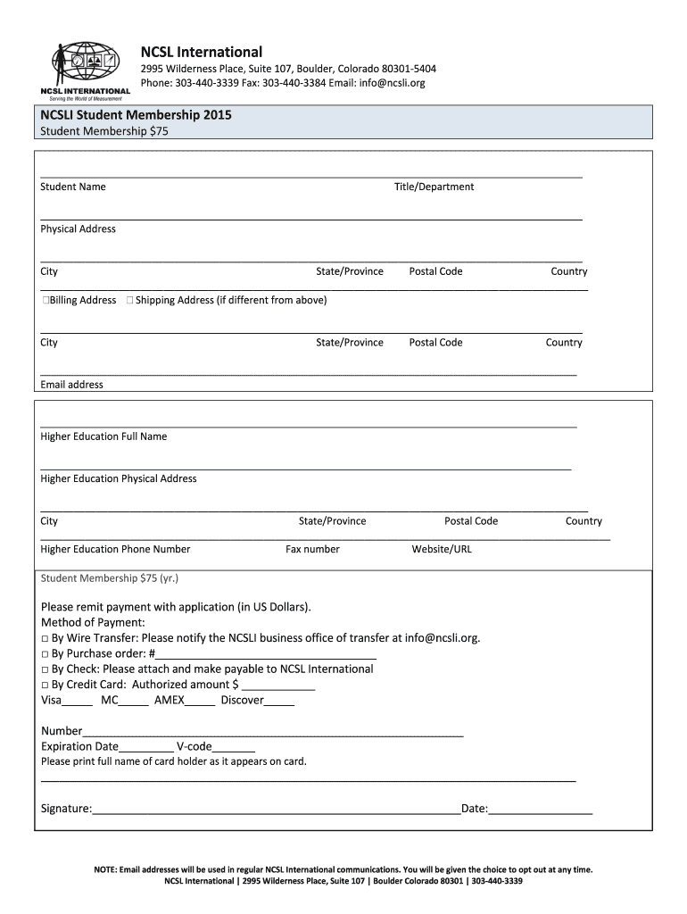 Fillable Online Student Membership Application - NCSL International Fax ...