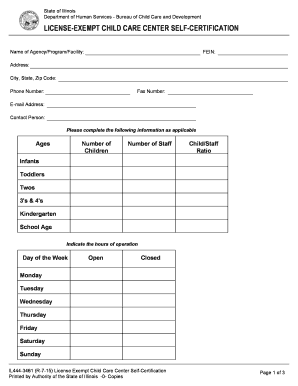 Fillable Online dhs state il LICENSE-EXEMPT CHILD CARE CENTER SELF ...
