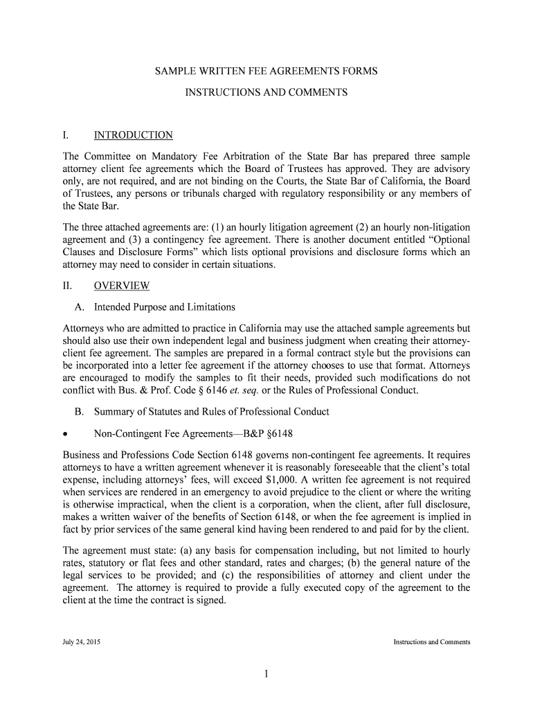 Fillable Online calbar ca 1 SAMPLE WRITTEN FEE AGREEMENTS FORMS ...