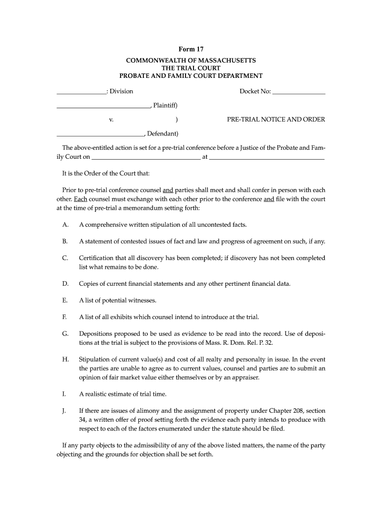 Fillable Online Probate and Family Court - Pre-trial Notice and Order ...