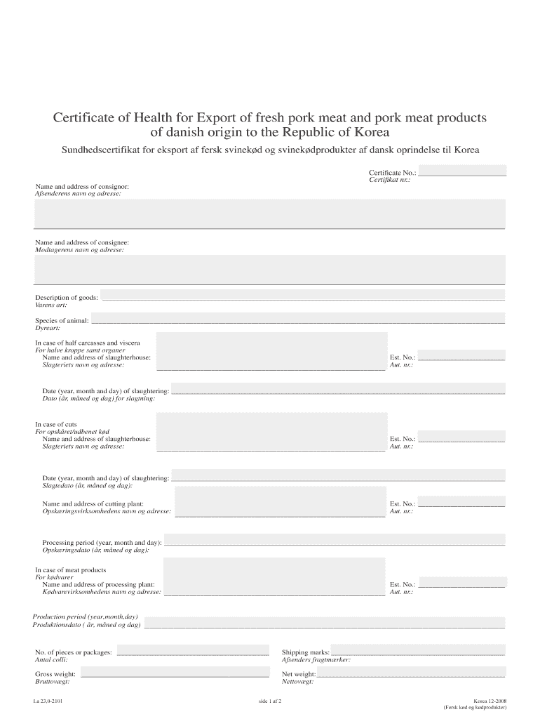 Fillable Online Certificate of Health for Export of fresh pork meat and ...