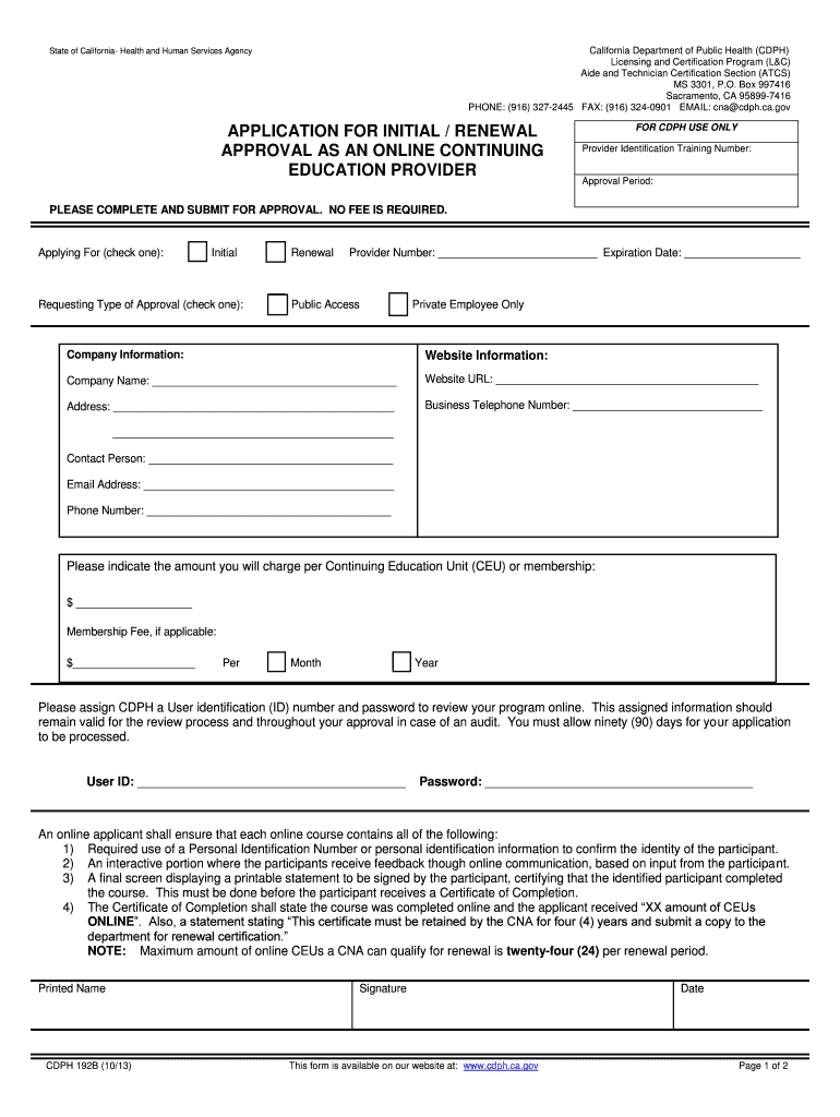 Fillable Online cdph ca Application for Initial/Renewal Approval as an ...