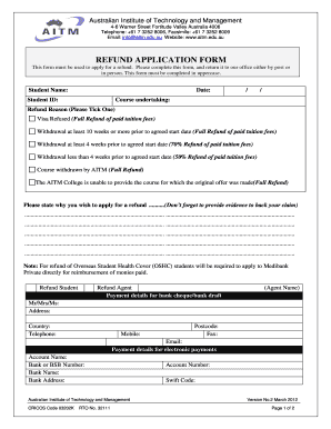 Fillable Online aitm edu REFUND APPLICATION FORM - Australian Institute ...