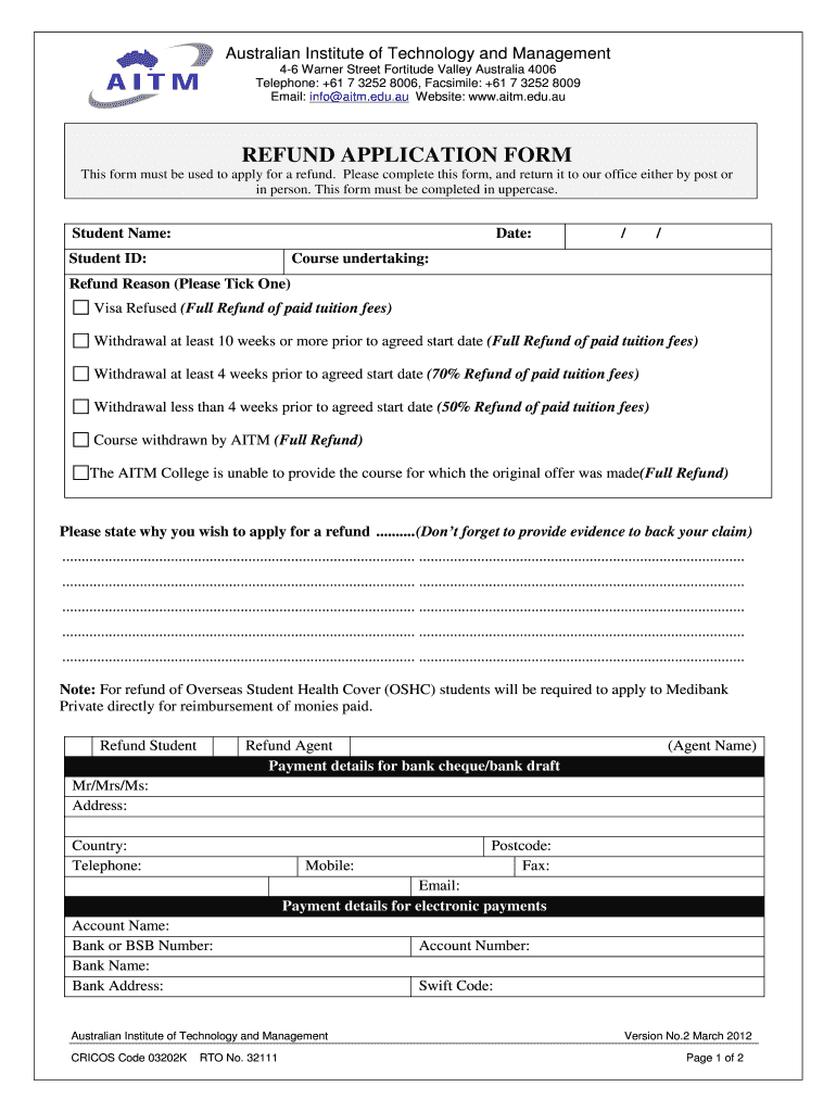 Fillable Online aitm edu REFUND APPLICATION FORM - Australian Institute ...