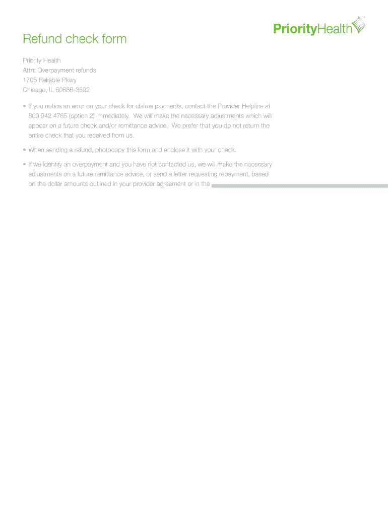 Fillable Online Claim Refund Check form - Priority Health Fax Email ...