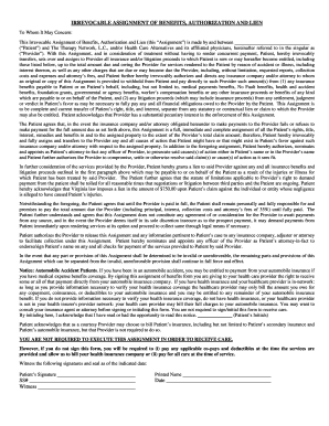 Fillable Online This Irrevocable Assignment of Benefits, Authorization ...