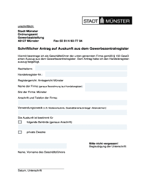 Ausfüllbar Online stadt-muenster Schriftlicher Antrag auf Auskunft aus dem ...