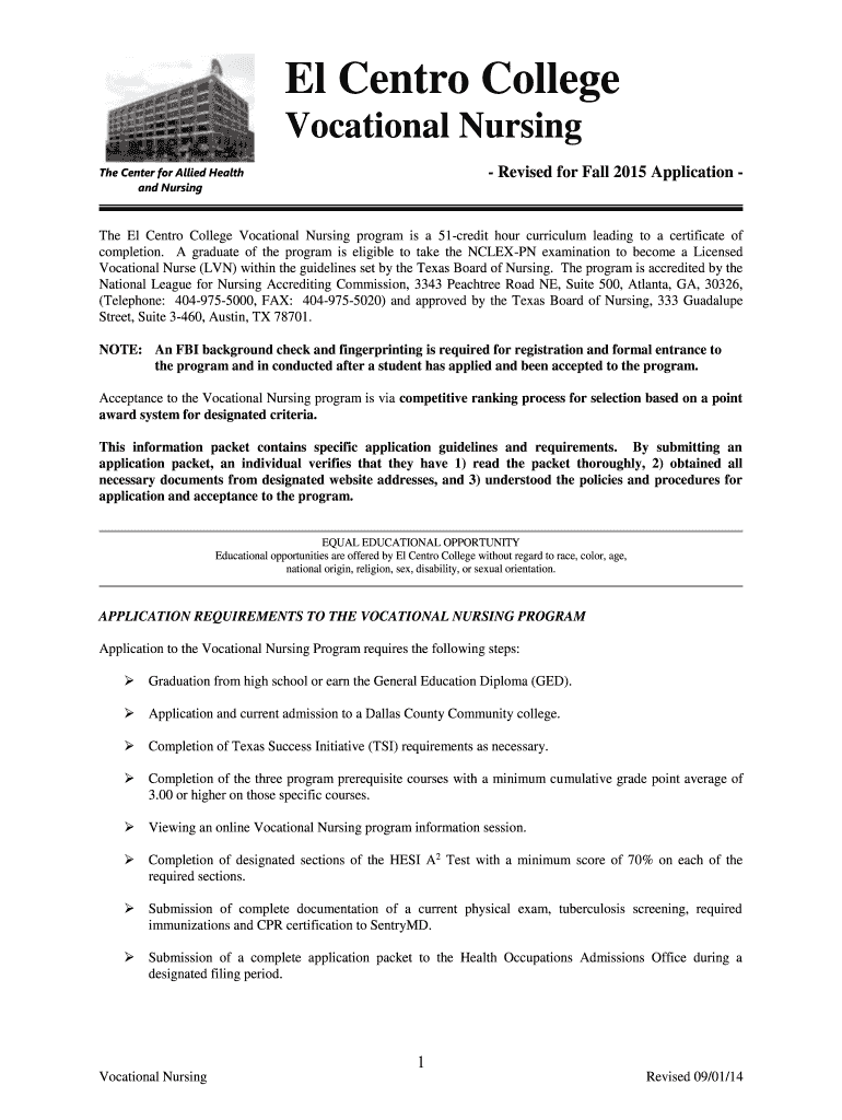 Fillable Online elcentrocollege Vocational Nursing - El Centro College ...