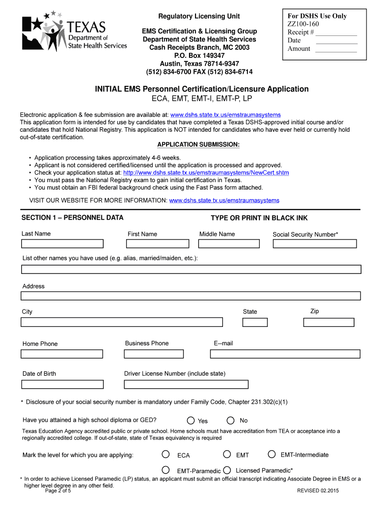 Fillable Online dshs state tx Initial certification/licensure ...