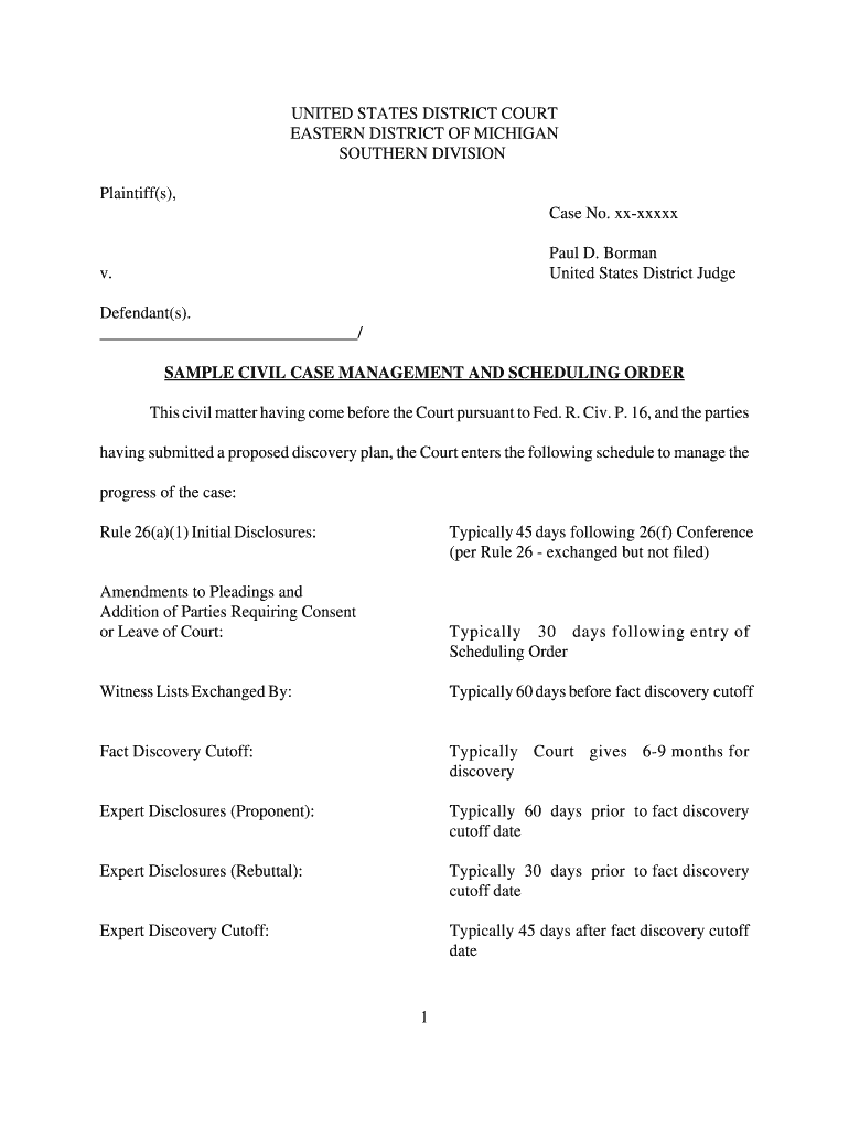 Fillable Online SAMPLE CIVIL CASE MANAGEMENT AND SCHEDULING ORDER Fax ...