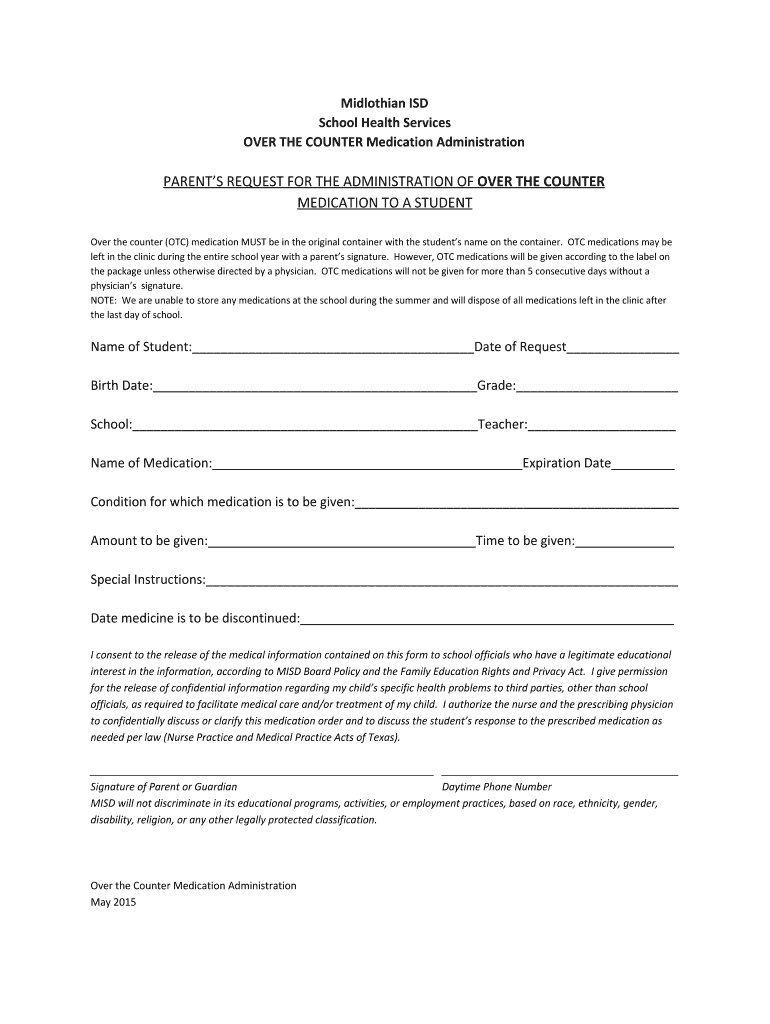 Fillable Online midlothian-isd Over the Counter Medication Authorization Form - Midlothian ISD ...