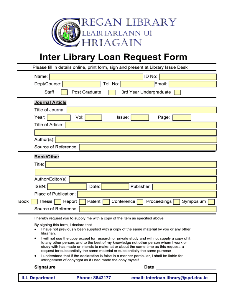 Fillable Online leabharlann spd dcu Inter Library Loan Request Form - Dublin City... Fax Email ...