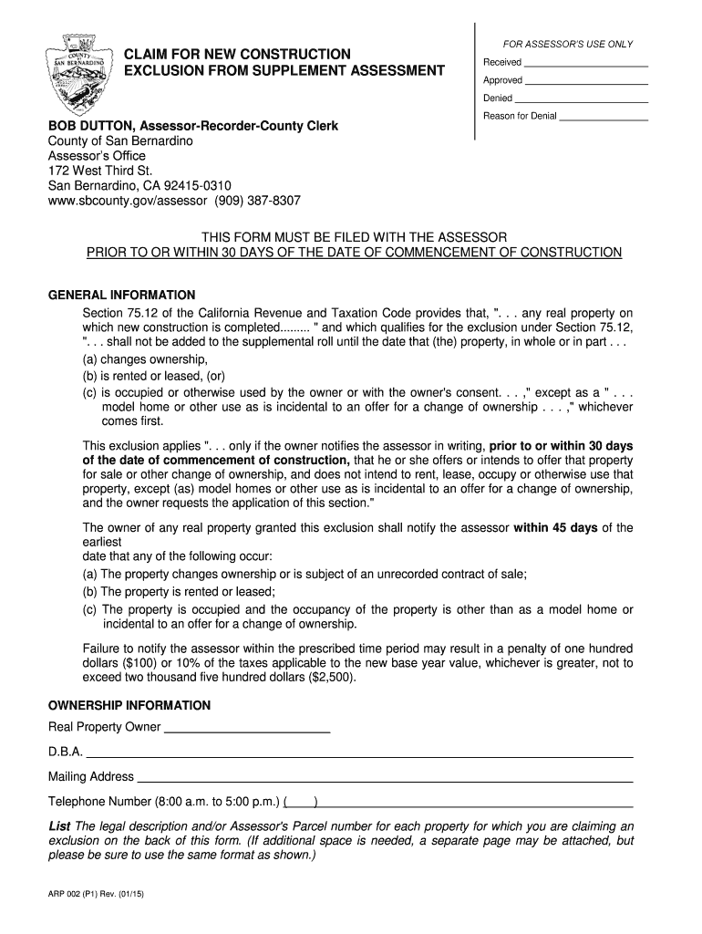 Fillable Online cms sbcounty Claim for new construction exclusion from ...