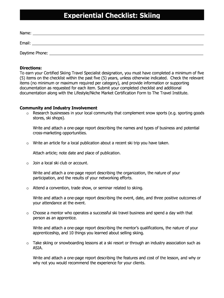Fillable Online Experiential Checklist: Skiing - The Travel Institute ...